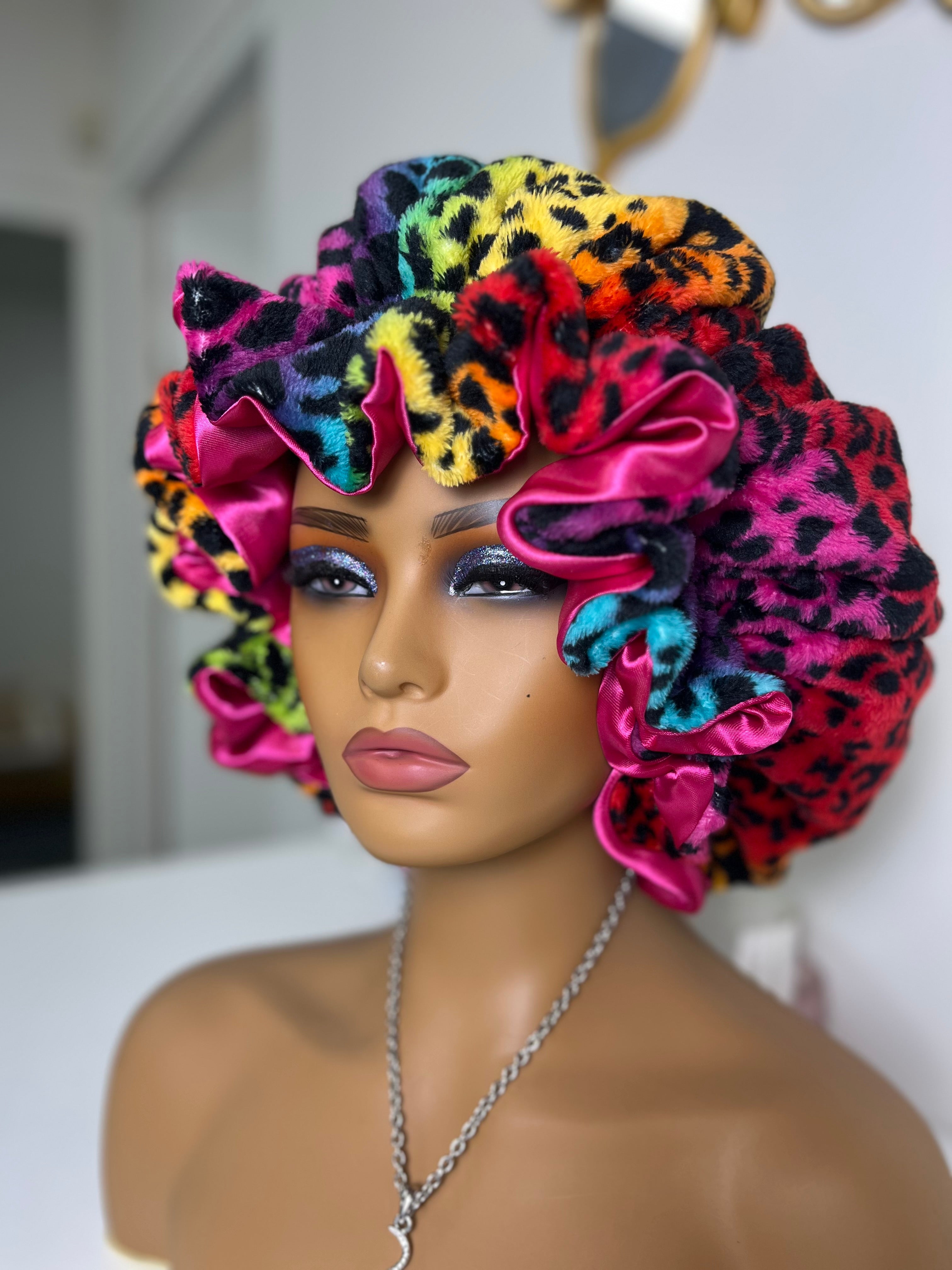 Rainbow Leopard ruffles plush bonnet adjustable – nvbeautyexpress